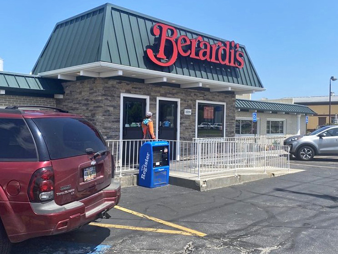 Morning sunshine illuminates the stone facade, where locals and Cedar Point thrill-seekers alike gather for pre-roller coaster fuel.