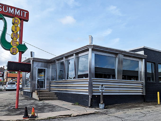 The gleaming stainless steel exterior of Summit Diner stands like a time capsule in Somerset, its vintage neon sign beckoning hungry travelers with promises of comfort food paradise.