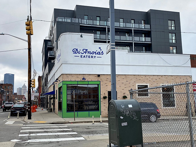 The corner spot with the bright green window frames isn't trying to hide &ndash; DiAnoia's announces itself to Pittsburgh's Strip District with confident charm.