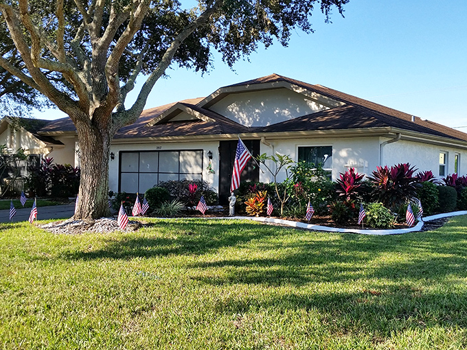 Well-maintained homes with American flags dotting the landscape &ndash; Florida retirement living that doesn't sacrifice patriotism or curb appeal.