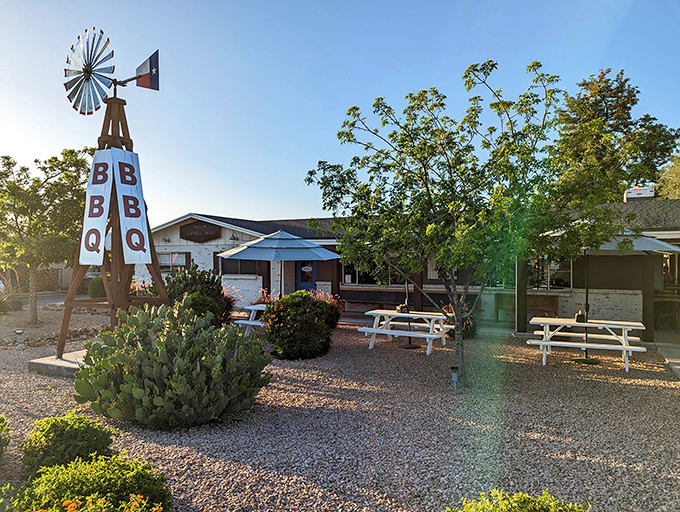 Picnic tables under the desert sky invite you to enjoy your BBQ feast al fresco, complete with string lights for evening ambiance.