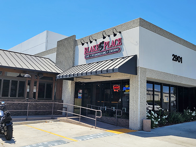 The unassuming exterior of Blake's Place in Anaheim &ndash; proof that the best BBQ joints often hide in plain sight, like culinary Clark Kents waiting to reveal their superpowers.