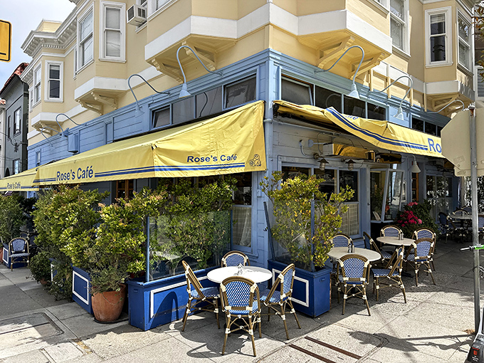 Rose's Cafe brings a slice of European charm to San Francisco with its cheerful yellow awnings and blue-trimmed planters. Sidewalk seating that whispers, "Slow down and stay awhile."