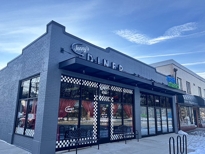 Jenny's Diner's gray brick exterior with its classic checkered trim promises comfort food nirvana without any pretentious frills.