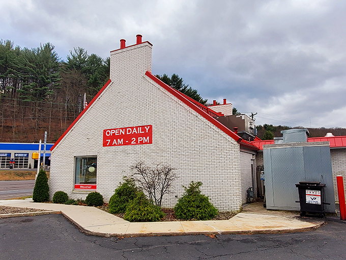 The iconic white brick exterior with its distinctive red trim stands like a beacon of breakfast hope. Early birds get the pancakes from 7AM-2PM daily.