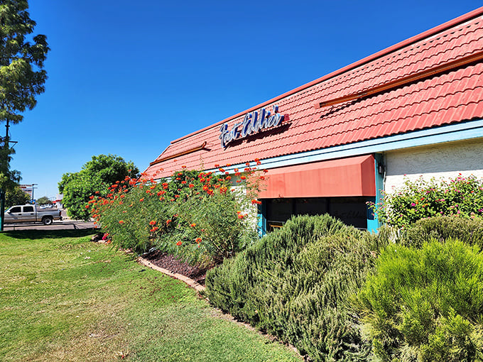 Desert landscaping meets diner charm&mdash;Fast Eddie's exterior proves that even in Phoenix, you can find an oasis of home-style cooking surrounded by vibrant desert blooms.