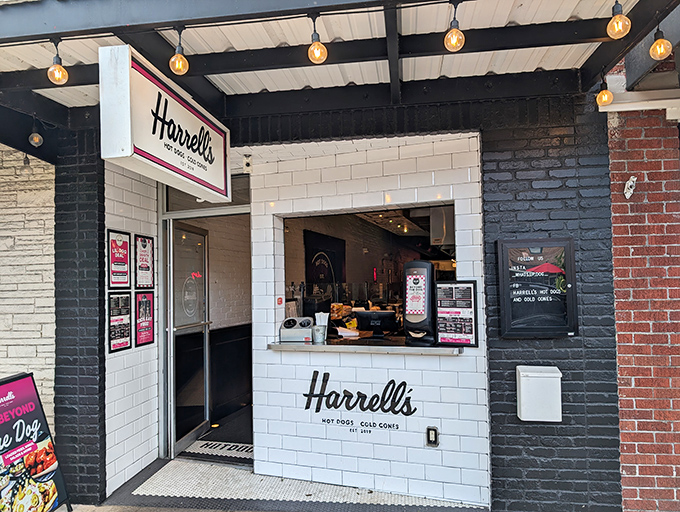 Harrell's unassuming storefront is like finding a secret doorway to hot dog heaven. White tile, brick, and that classic sign promising simple pleasures done right.