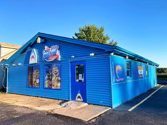 The bright blue exterior of Deep Blue Seafood stands out like a maritime mirage in landlocked Indiana. Who needs an ocean when you've got this seafood oasis?