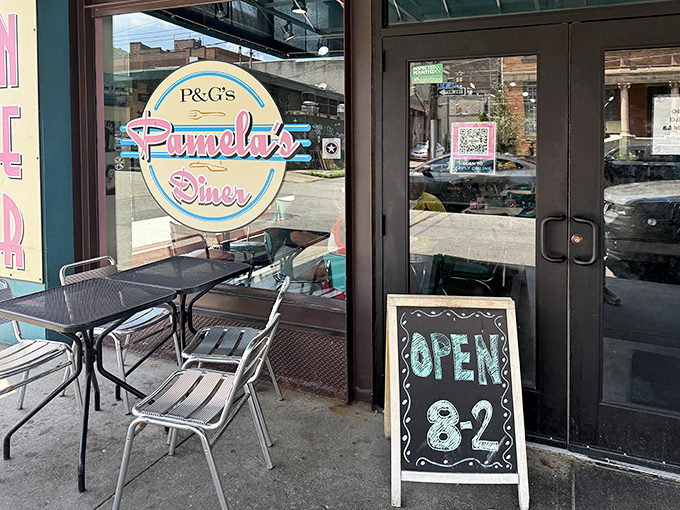 Outdoor seating for the patient souls who brave Pittsburgh weather for pancakes. That chalkboard doesn't lie&mdash;some treasures are worth waking up early for.