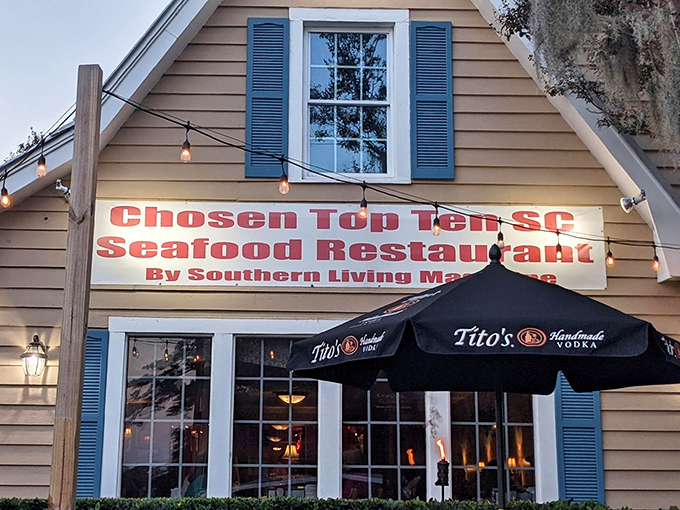 The modest fa&ccedil;ade of Lee's Inlet Kitchen proudly glows beneath its banner, a true South Carolina gem where top-ten seafood status speaks louder than appearances.