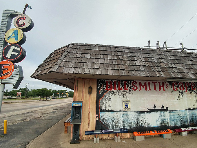 The iconic mural outside Bill Smith's Cafe tells you everything you need to know&mdash;this place values fishing, food, and small-town charm equally.