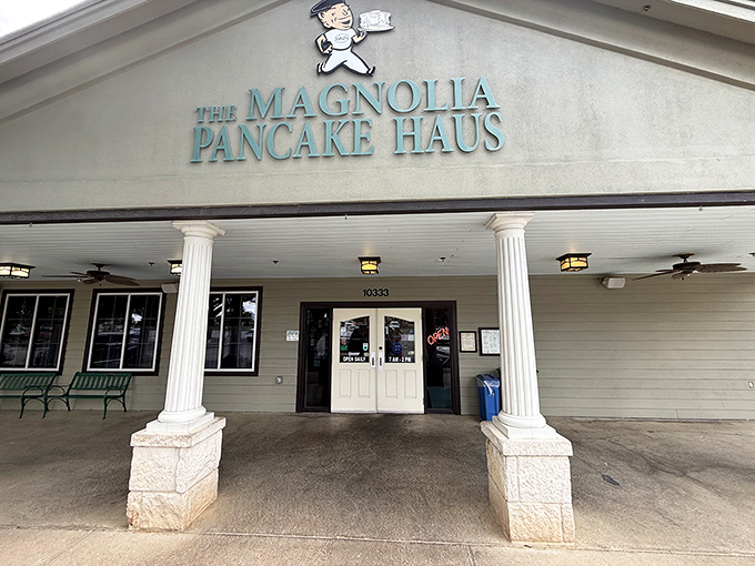 Another view of Magnolia's welcoming exterior, where hungry Texans gather before doors open, anticipating pancake perfection.