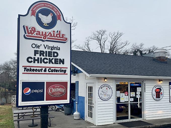 The iconic Wayside sign promises "Ole' Virginia Fried Chicken" &ndash; a humble declaration that locals know isn't just marketing, but a delicious guarantee.