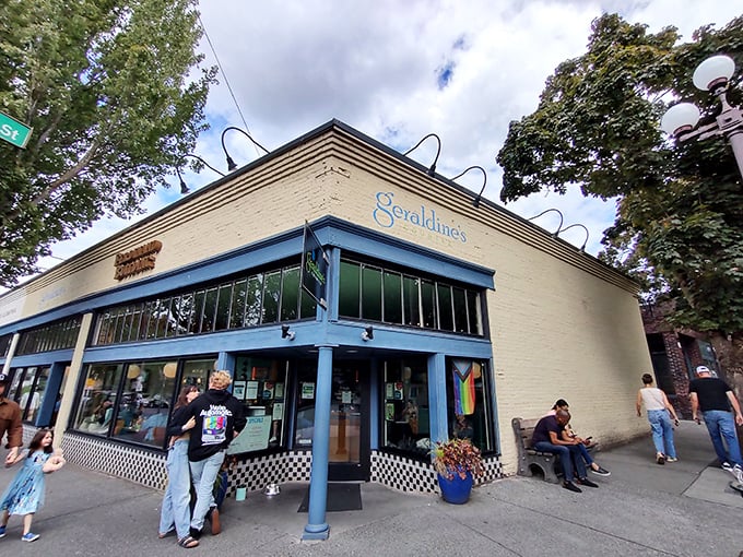 The cream-colored exterior with bright blue trim isn't just inviting&mdash;it's practically waving you in for breakfast bliss at Geraldine's Counter.