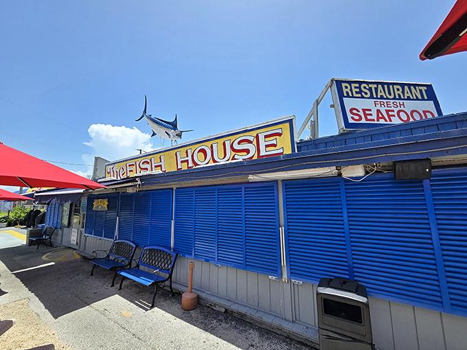 The bright-blue shutters of The Fish House pop like a maritime beacon, topped by a leaping marlin promising fresh seafood delights inside.