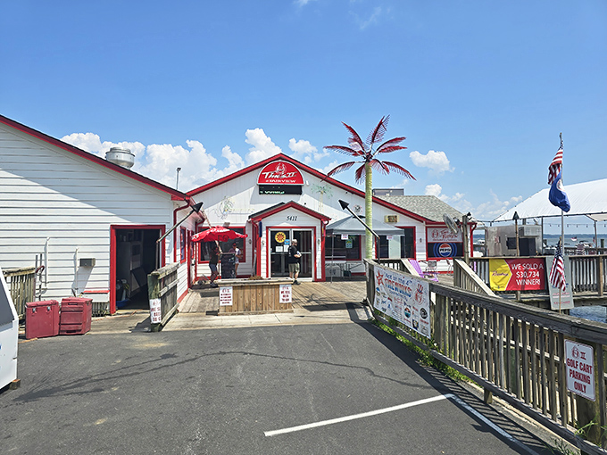 The plastic palm tree says it all &ndash; this isn't pretentious dining, it's seafood paradise. Red trim, wooden decks, and Potomac River views await.