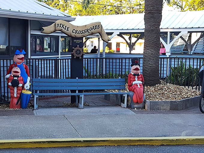 Sailor-themed whimsy greets you at the entrance. Those bench-sitting seafarers aren't just decorative&mdash;they're silently judging your appetite for rock shrimp.