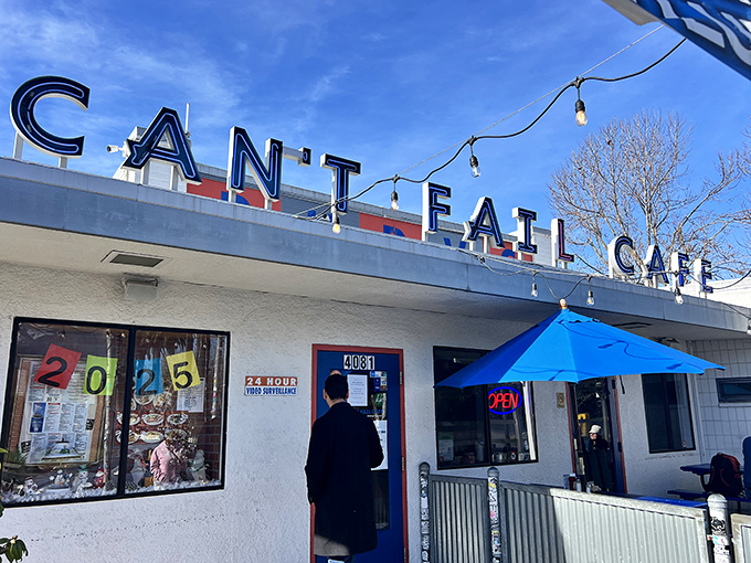 That iconic blue and red signage isn't just announcing a restaurant&mdash;it's promising an experience that lives up to its confident name.