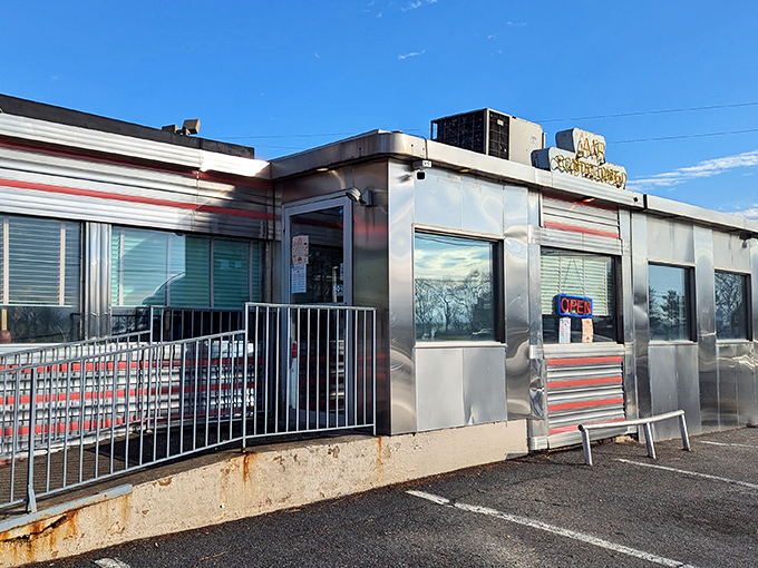 The gleaming stainless steel exterior of Route 30 Diner shines like a beacon of hope for hungry travelers on Pennsylvania's highways.