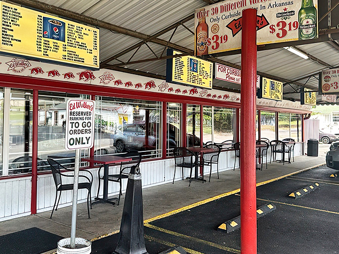 The classic red and white exterior of Ed Walker's beckons like a time portal to simpler days when carhop service was king.