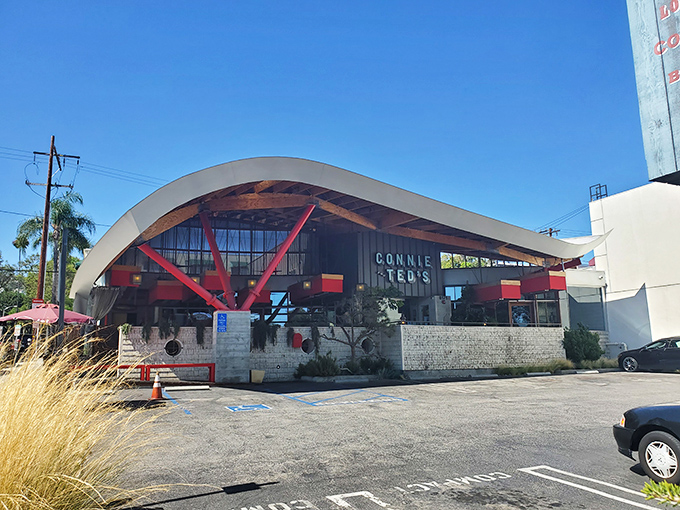 The wave-like roof of Connie and Ted's makes an architectural splash on Santa Monica Boulevard, like a stylish fishing boat that decided to drop anchor in West Hollywood.