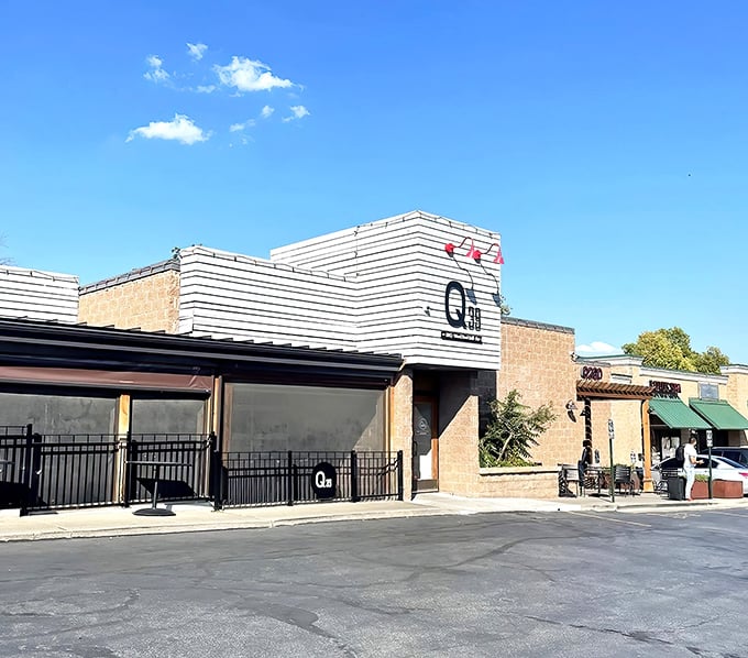 The modern exterior of Q39 stands out in Kansas City's barbecue landscape—contemporary design meets smoky tradition in this Midtown hotspot.