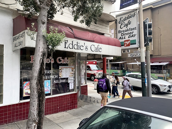 Eddie's Caf&eacute; stands proudly on Divisadero Street, its classic red-trimmed exterior promising "Breakfast ALL DAY" &ndash; the three most beautiful words in the English language.