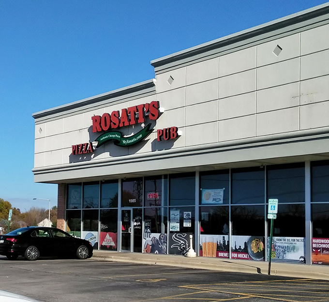 Another angle of Rosati's exterior showcases its clean lines and prominent signage. Even on the grayest Illinois day, those red letters promise warmth and satisfaction within.