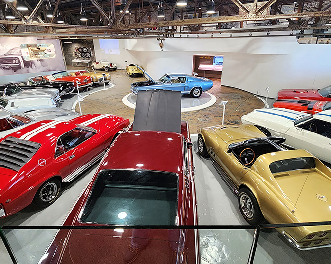 A candy store for grown-ups where Detroit's finest creations rest on circular platforms, each vehicle telling its own American story through chrome and steel.