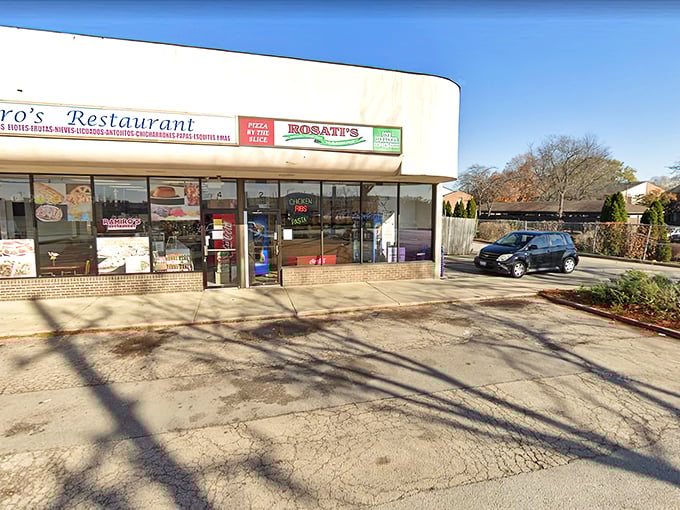 The iconic red, white, and green Rosati's sign beckons hungry travelers like a pizza lighthouse in the suburban sea of Elgin.