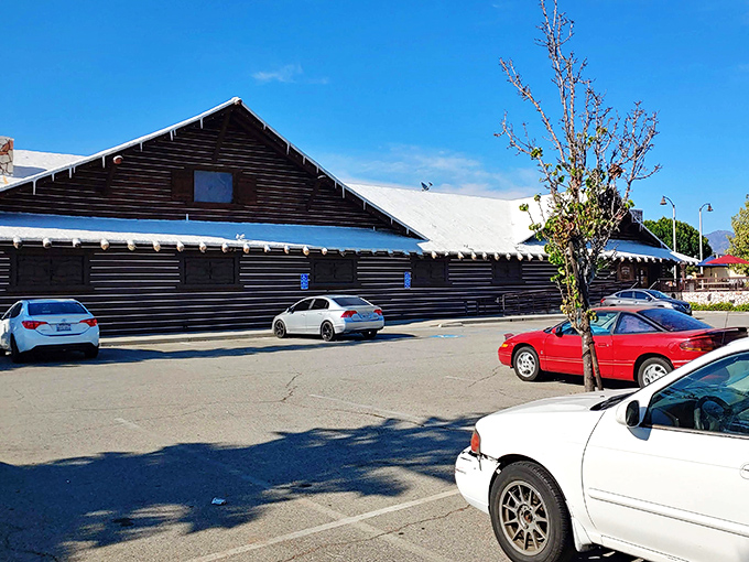 A true mountain mirage in Southern California — this cozy log cabin steakhouse serves up hearty meals beneath a snow-dusted roof, no matter how hot it gets outside!