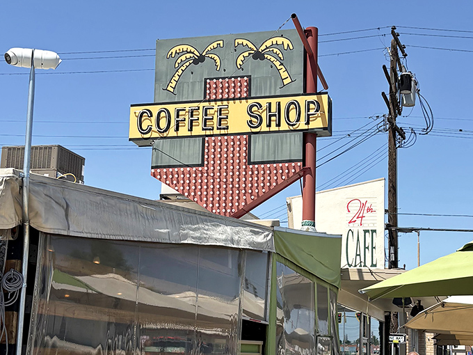 That vintage sign isn't just retro charm&mdash;it's a beacon of breakfast hope in Bakersfield, promising palm trees and properly cooked eggs in equal measure.