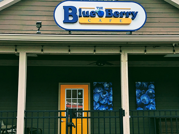 That cheerful blue sign isn't just decoration – it's a promise of blueberry bliss waiting inside.