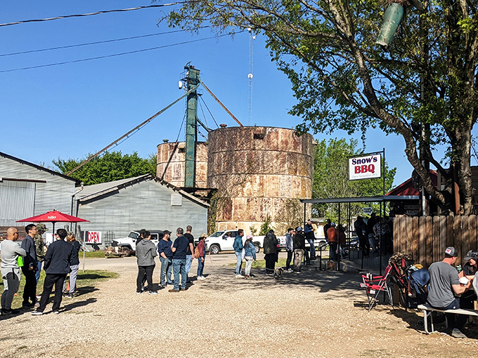 The iconic water tower stands sentinel over Snow's BBQ, where the Saturday morning pilgrimage has already begun. Worth setting your alarm for.
