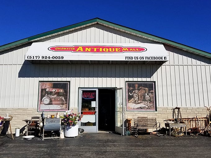 The unassuming exterior of Coldwater Antique Mall belies the treasure trove within. Like finding a pearl in an oyster, the adventure begins here.