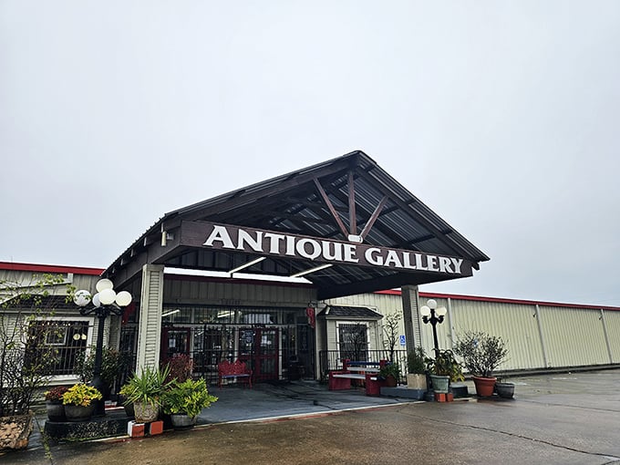 The welcoming entrance to The Antique Gallery of Houston stands ready to transport you through time's revolving door.