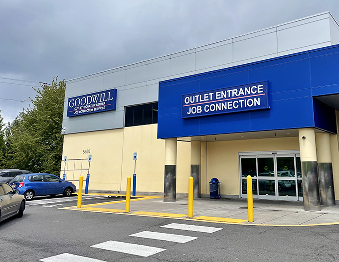 The unassuming blue and cream exterior of Goodwill's Portland outlet store&mdash;where treasure hunting champions are made daily and bargain legends are born.