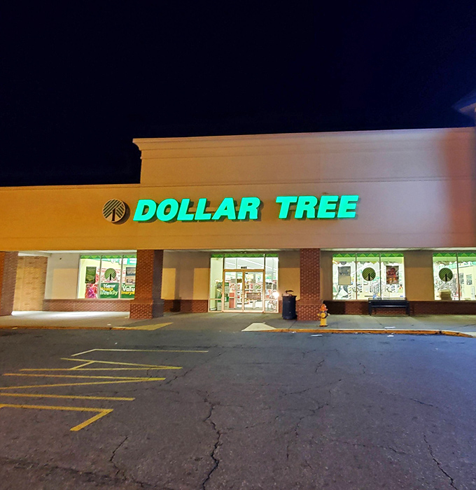The iconic teal glow of Dollar Tree's signage transforms an ordinary strip mall into a beacon of bargain possibilities after dark.