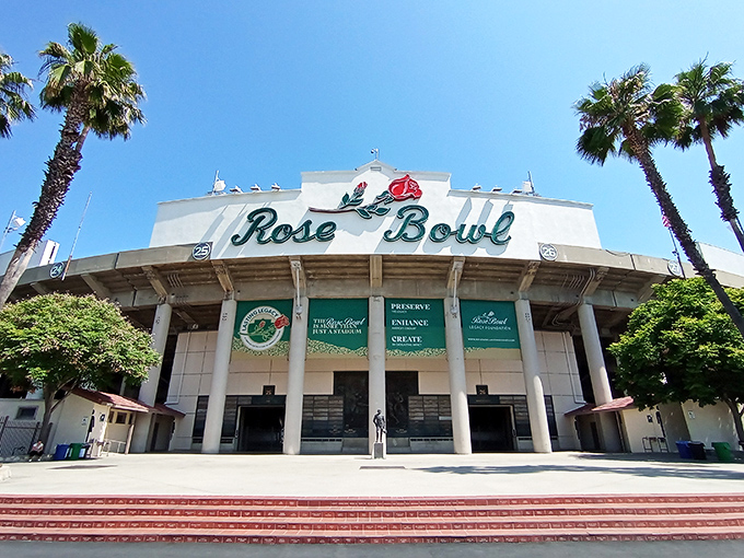 The iconic Rose Bowl Stadium transforms from sports venue to treasure hunter's paradise once a month, standing proud under California's perfect blue sky.