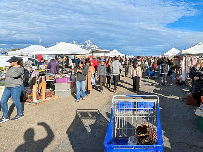 The bustling market comes alive as shoppers navigate rows of white tents. That blue shopping cart might hold someone's next conversation piece.