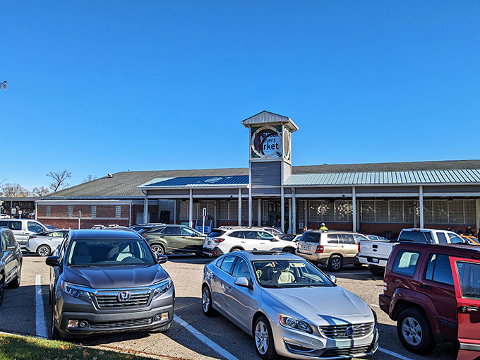The iconic clock tower stands sentinel over a parking lot full of cars belonging to treasure hunters who know where the real gold is found.