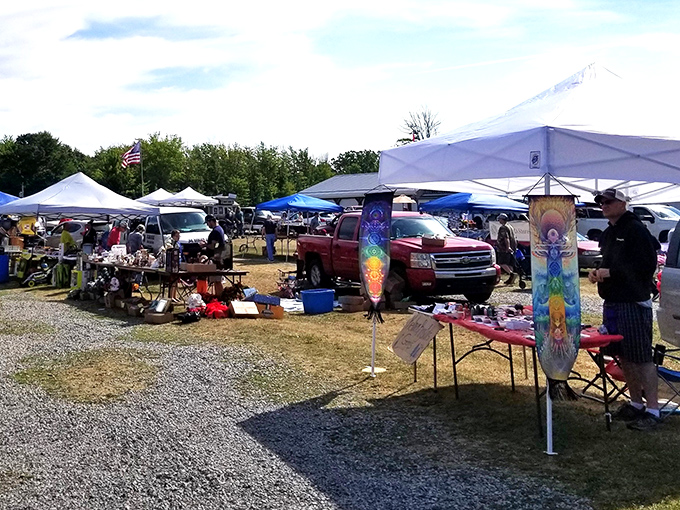 A sea of white tents and colorful treasures stretches across the Andover Flea Market, where one person's skateboard art becomes another's conversation piece.