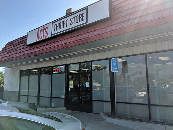 A closer look at the storefront reveals the simple yet inviting entrance where thrifting adventures begin for countless Californians.