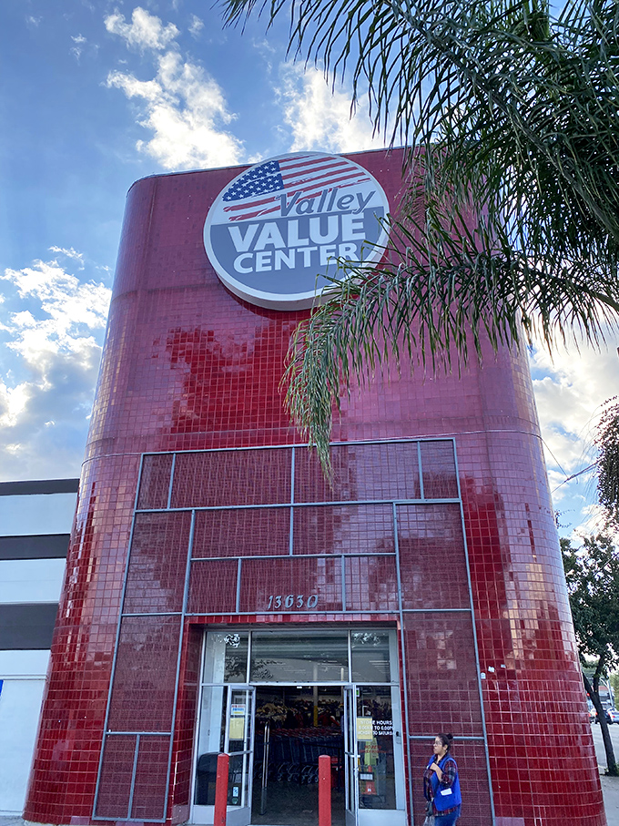 Bathed in California sunshine, this architectural oddity has become a landmark for thrift enthusiasts seeking everything from vintage fashion to forgotten vinyl.