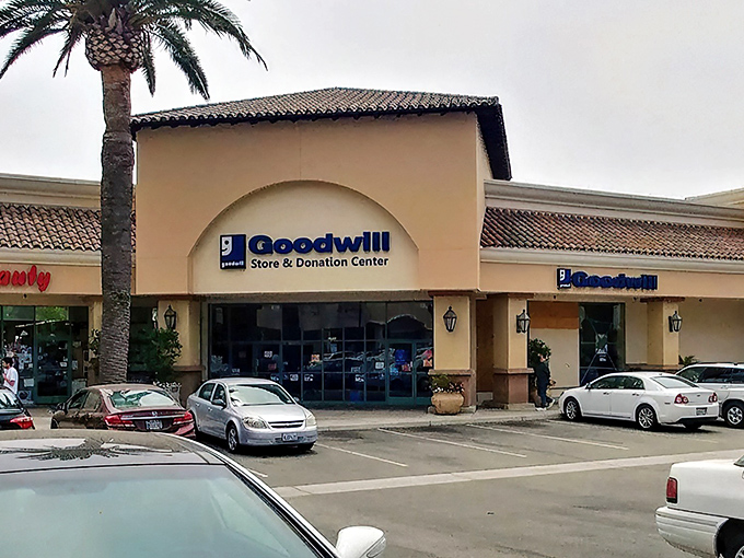 Palm trees and Spanish-style architecture give this Ventura Goodwill a distinctly California vibe. Treasure hunting begins beyond those glass doors.