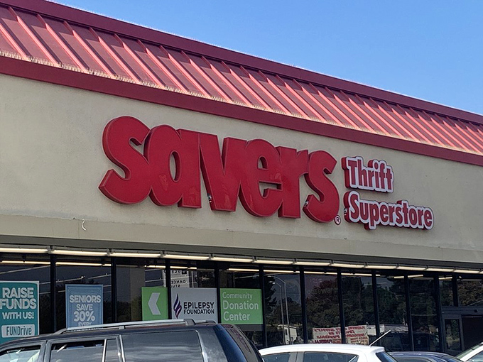 Another angle of the Savers storefront, where the bold red lettering announces itself as more than just a thrift store&mdash;it's a "Superstore" of possibilities.