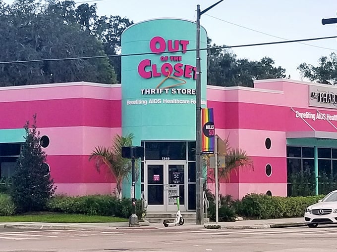 With its cotton-candy hues and Miami Vice flair, Out of the Closet stands out like a beacon&mdash;easy to spot for even the most directionally challenged thrift seeker.