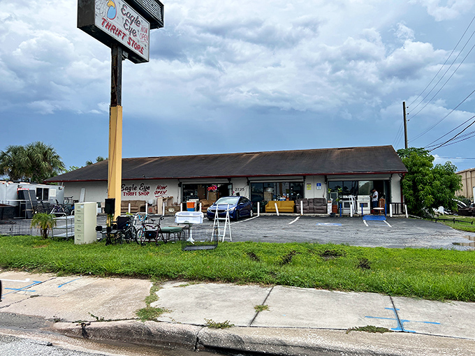 Eagle Eye's storefront whispers promises of treasures while shouting "NOW OPEN" like an excited friend.