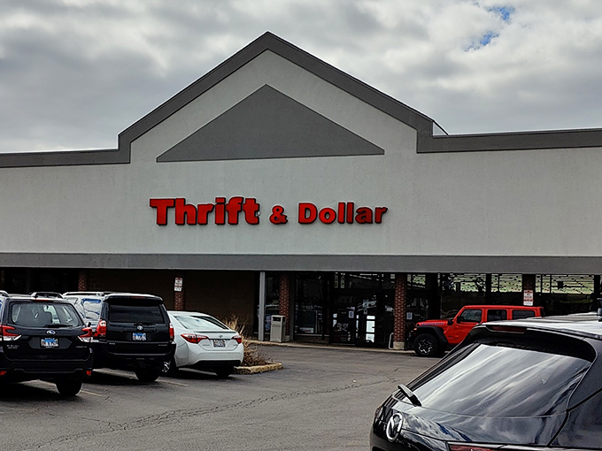 The iconic red signage of Thrift & Dollar Inc stands as a beacon of bargain hope in Aurora, promising treasures that won't empty your wallet.