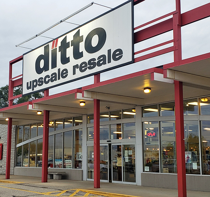 The bright red trim of Ditto Upscale Resale stands out against Michigan's blue sky like a beacon for treasure hunters everywhere.